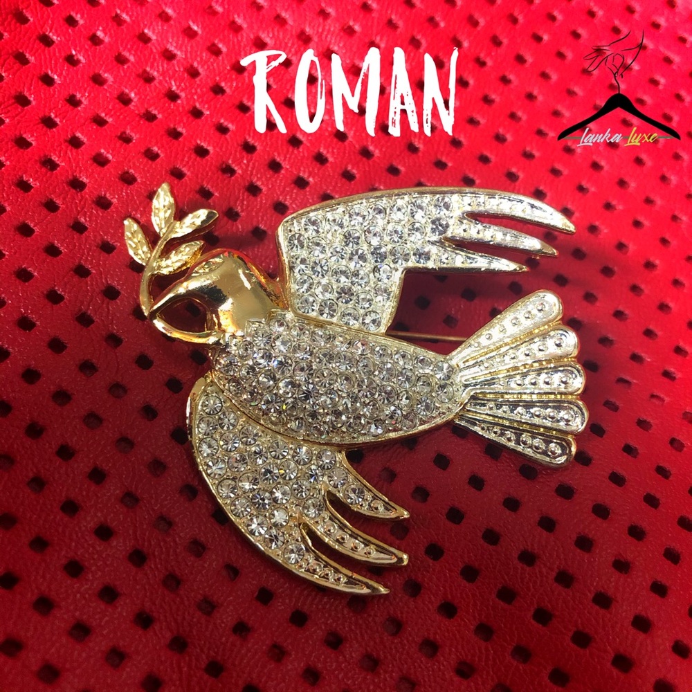 Vintage Roman Gold Tone Rhinestone Peace Dove - Gem